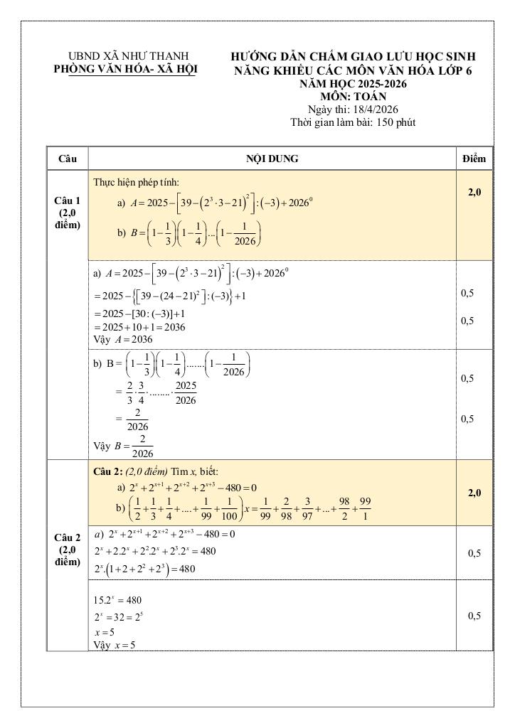Giải Toán Đề Giao Lưu Hsnk Toán 6 Năm 2025 – 2026 Xã Như Thanh – Thanh ...