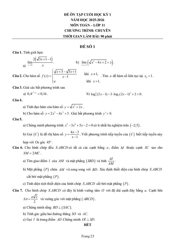 Giải Toán Đề Ôn Tập Ck1 Toán 11 Năm 2025 – 2026 Trường Chuyên Lương Văn ...