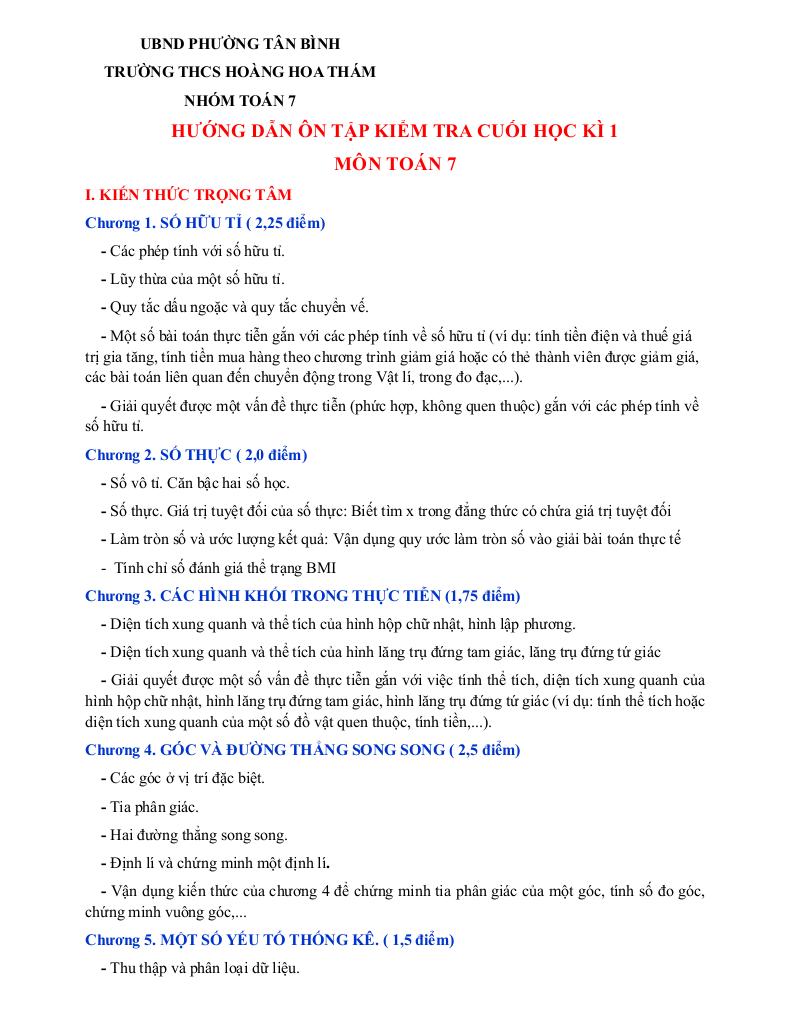 Giải Toán Ôn Tập Cuối Học Kì 1 Toán 7 Năm 2025 – 2026 Trường Thcs Hoàng Hoa Thám – Tp Hcm | Đáp ...